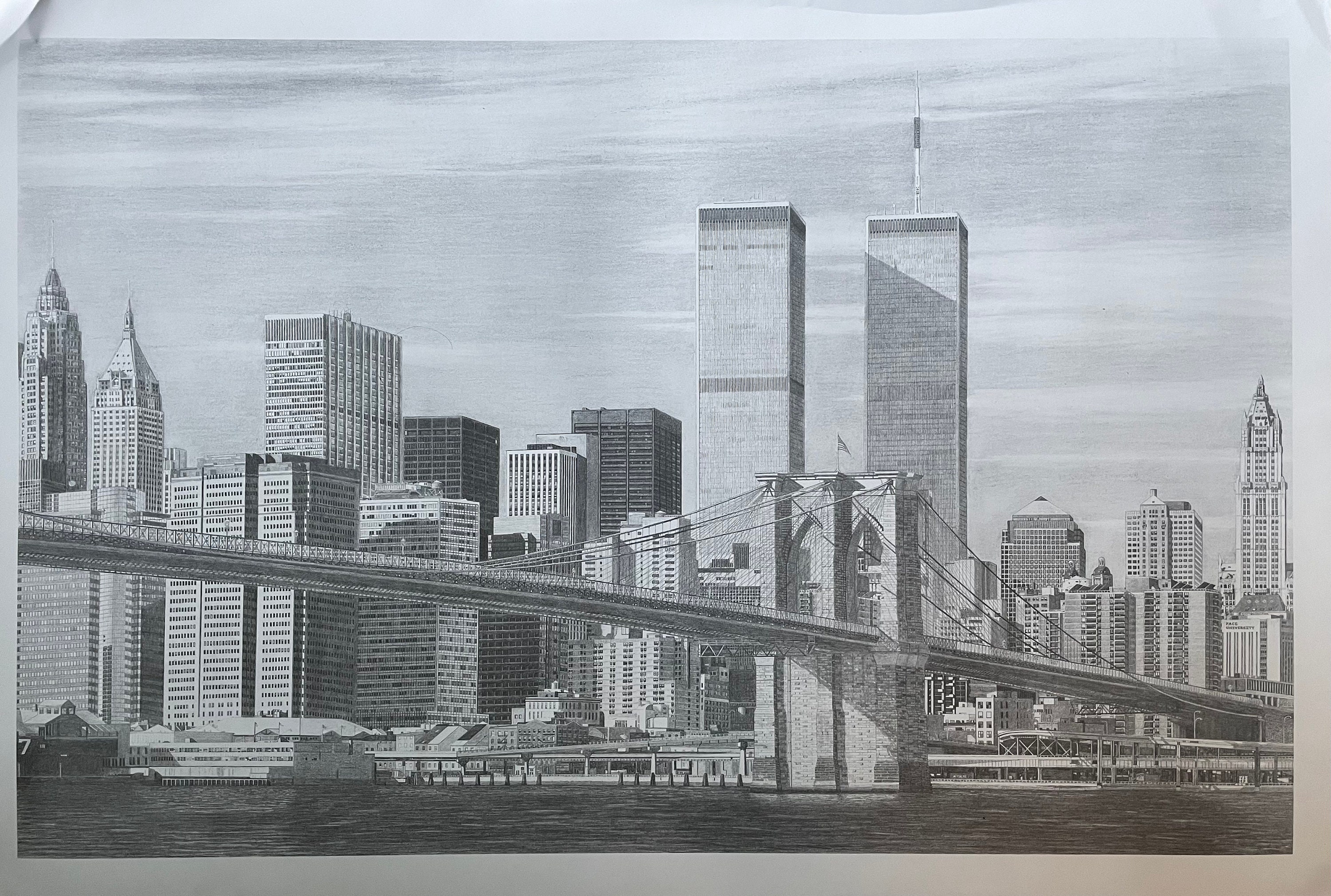 Art Print of Manhattan Skyline With Twin Towers Pencil Drawing - Etsy