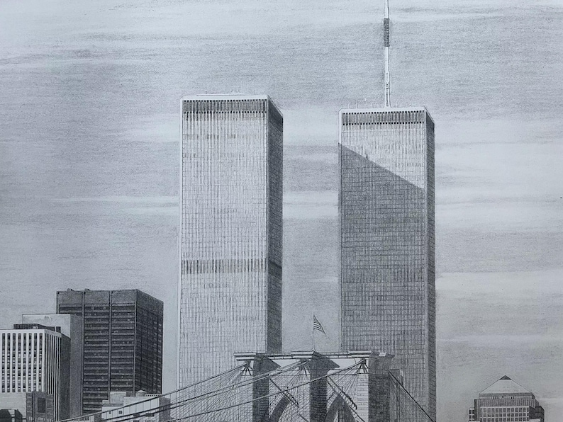 Art Print of a Pencil Drawing of the Manhattan Skyline With Twin Towers ...