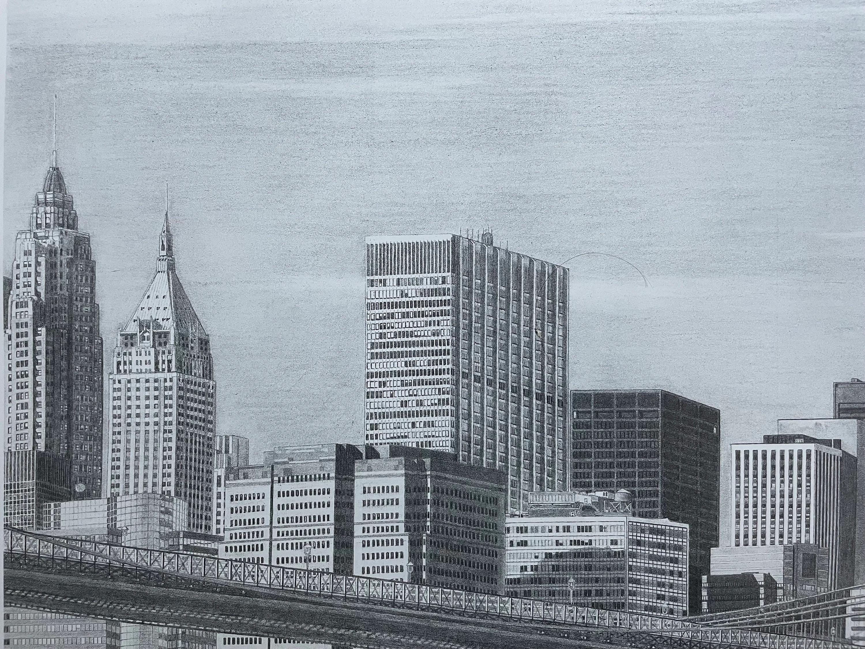 Art Print of a Pencil Drawing of the Manhattan Skyline With Twin Towers ...