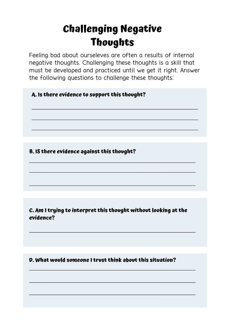 Challenging Negative Thoughts Worksheet - Etsy Challenging Negative Thoughts Worksheet - Etsy
