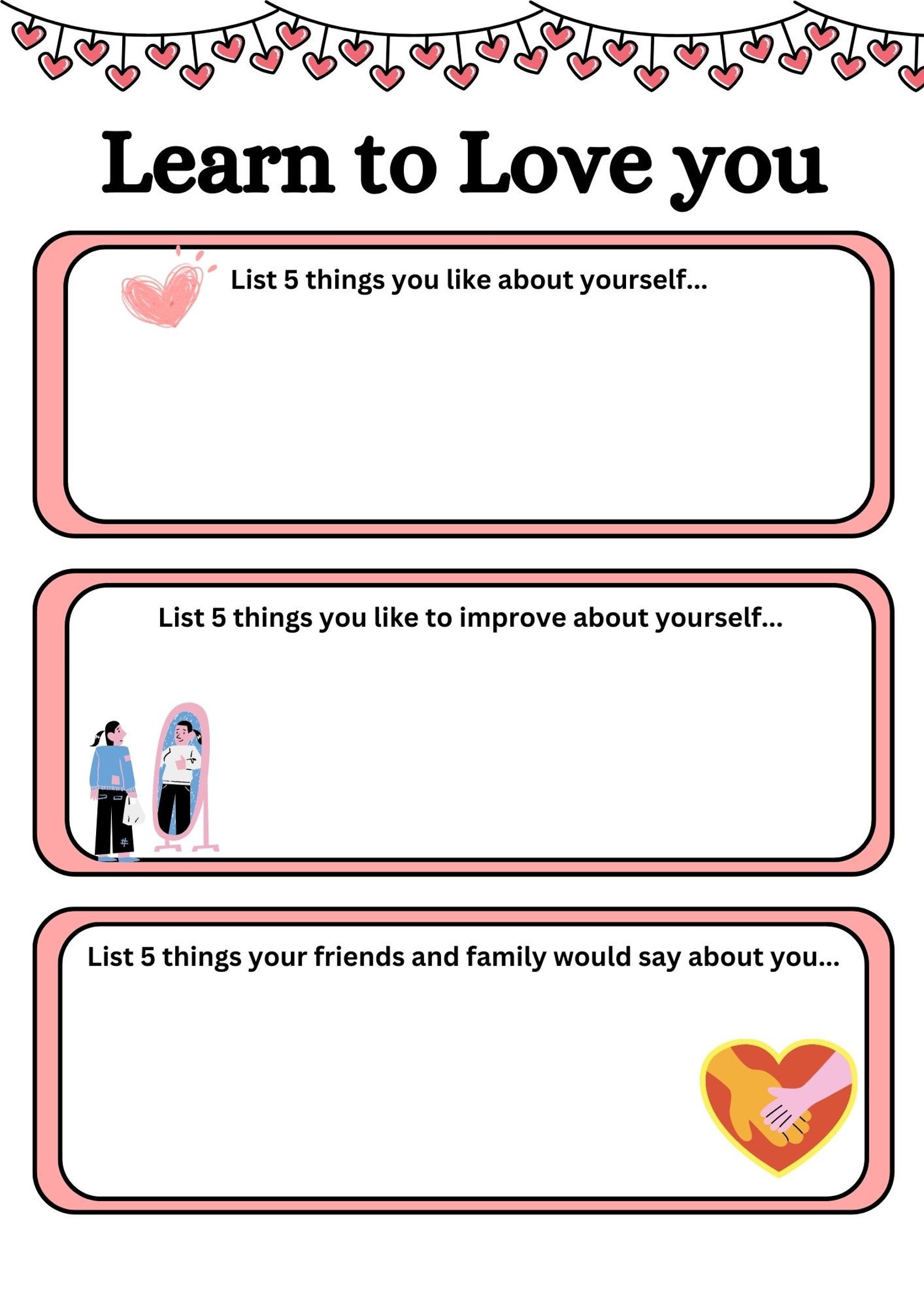 Learn To Love Yourself Worksheet Etsy