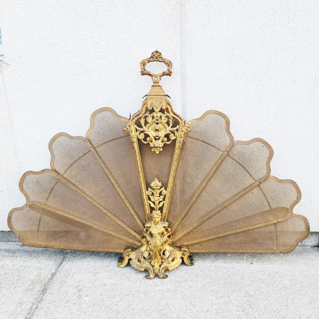 Antique Brass Bronze Folding FIREPLACE SCREEN Fan FRANCE Victorian ...