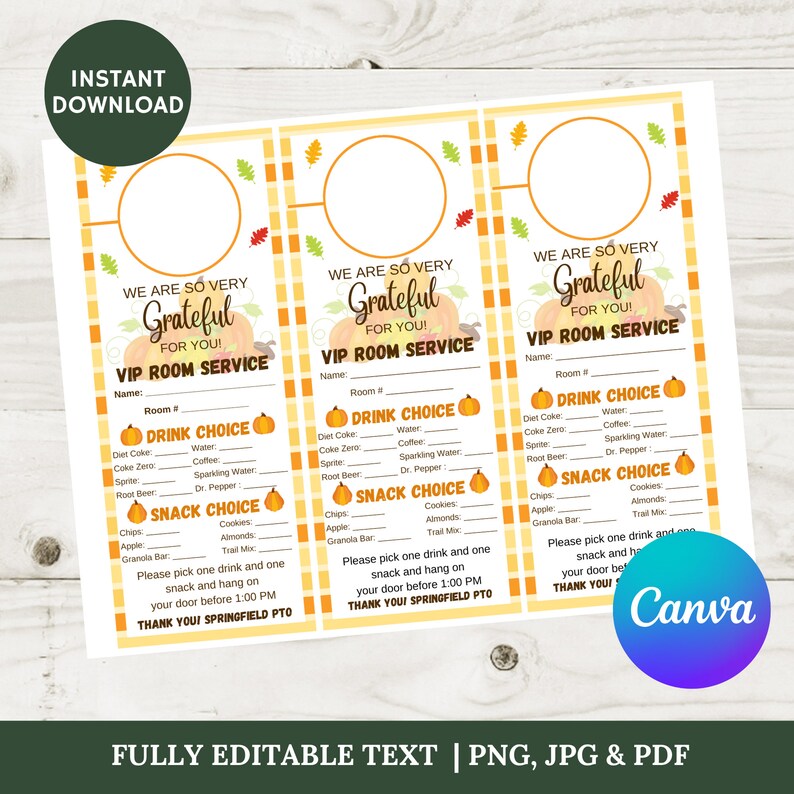 Thanksgiving Printable Room Service Door Hanger, VIP, Grateful, PTO ...