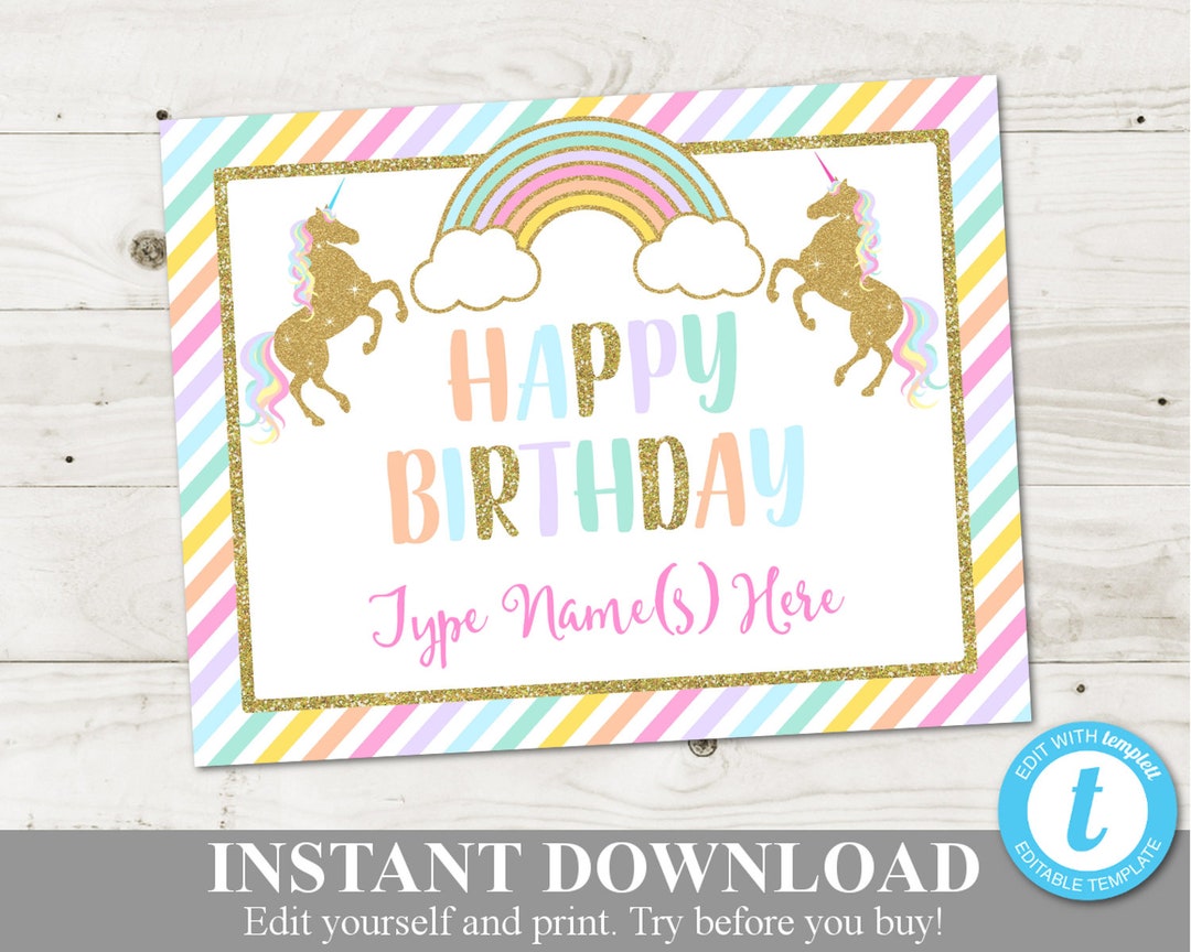 INSTANT DOWNLOAD Unicorn Editable Printable 8.5x11 Happy Birthday Sign ...