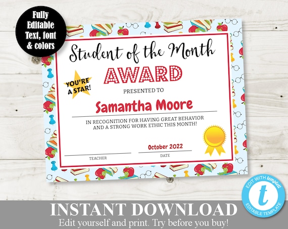 INSTANT DOWNLOAD Printable 8.5x11 Student of the Month Classroom Awards ...