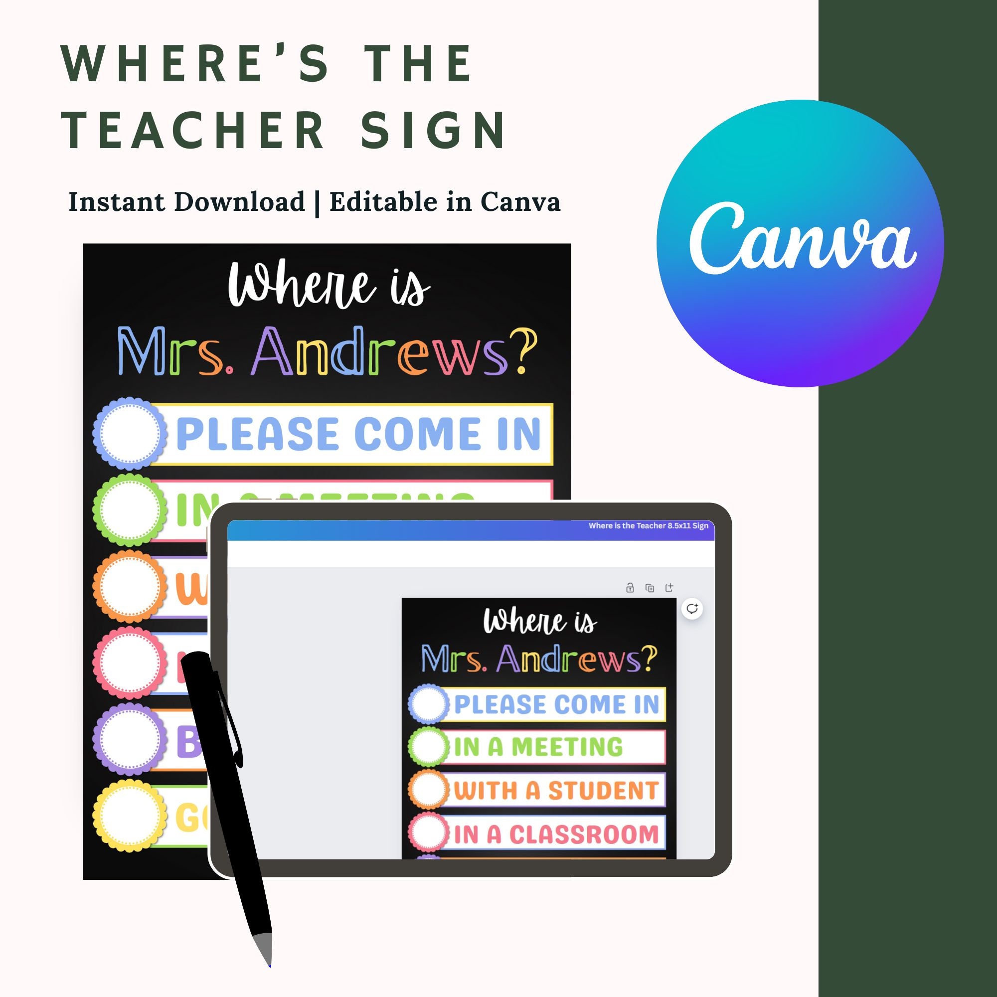 Printable Where's the Teacher Sign Template, Editable, Classroom Sign ...