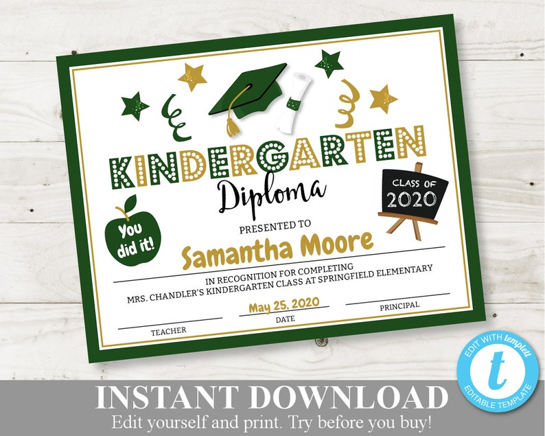 INSTANT DOWNLOAD Printable Kindergarten Graduation Diploma / | Etsy