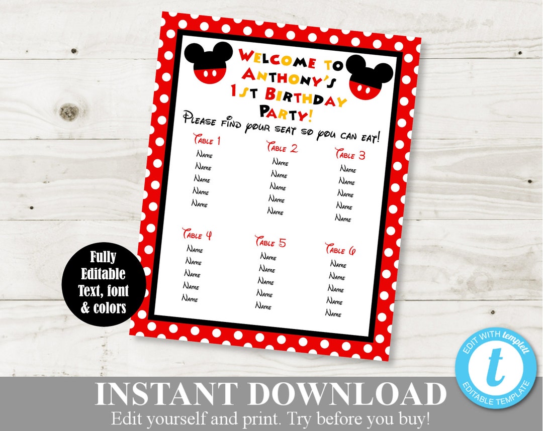 INSTANT DOWNLOAD Mouse Editable Seating Chart Template / You Type Text ...
