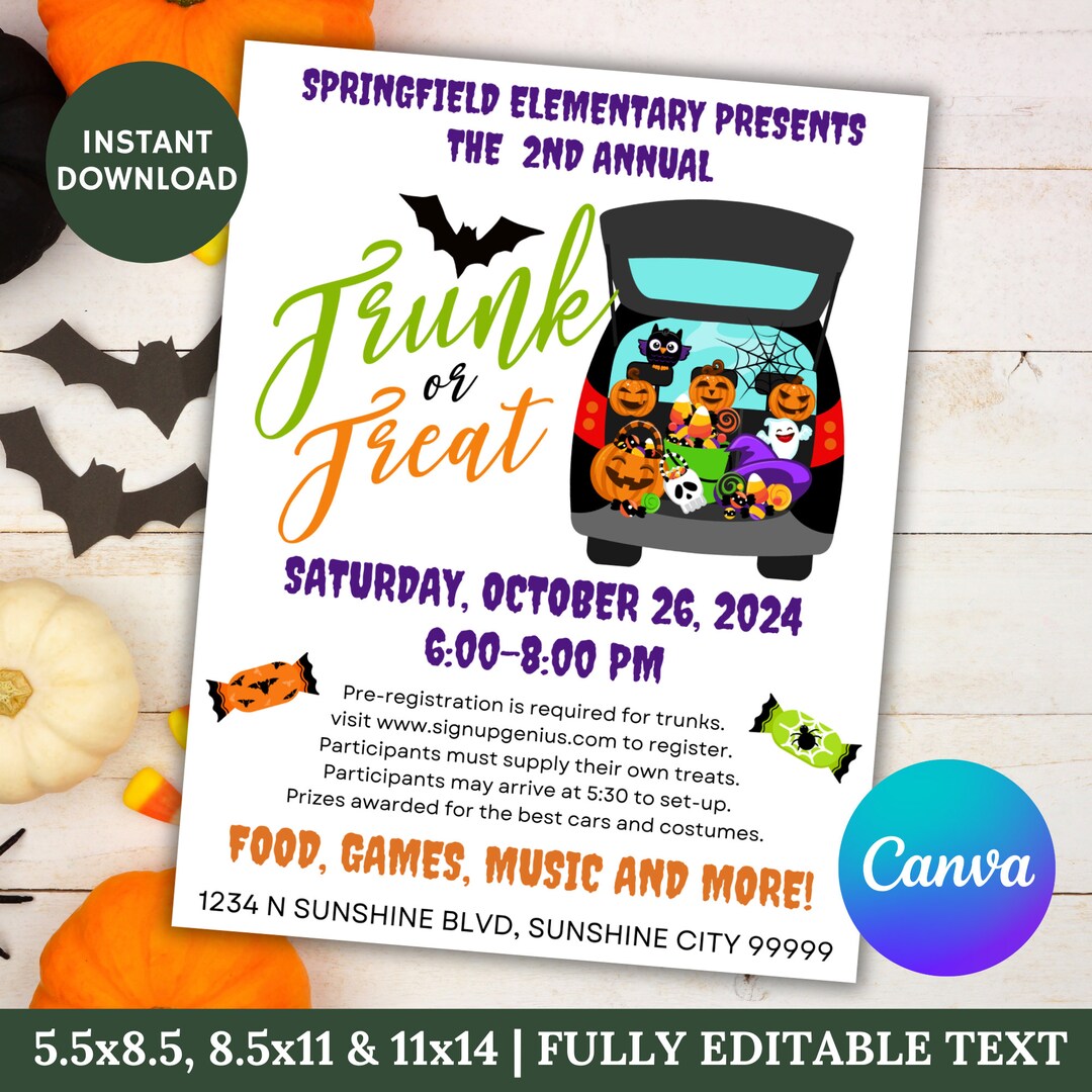 Printable Trunk or Treat Halloween Flyer , PTO, PTA, School, Church ...