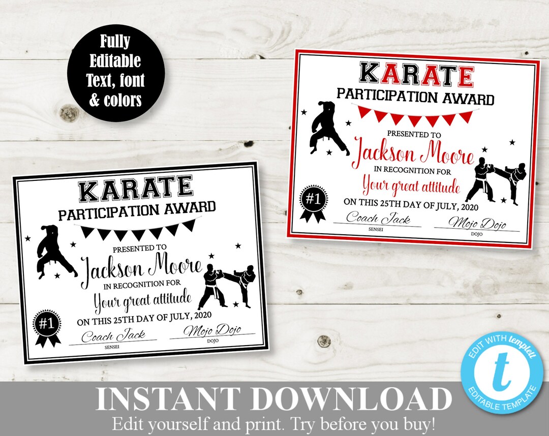 INSTANT DOWNLOAD Printable Karate 8.5x11 Certificate / Award / Sport ...