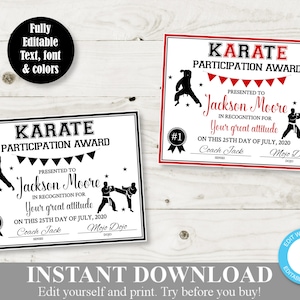 INSTANT DOWNLOAD Printable Karate 8.5x11 Certificate / Award / Sport ...