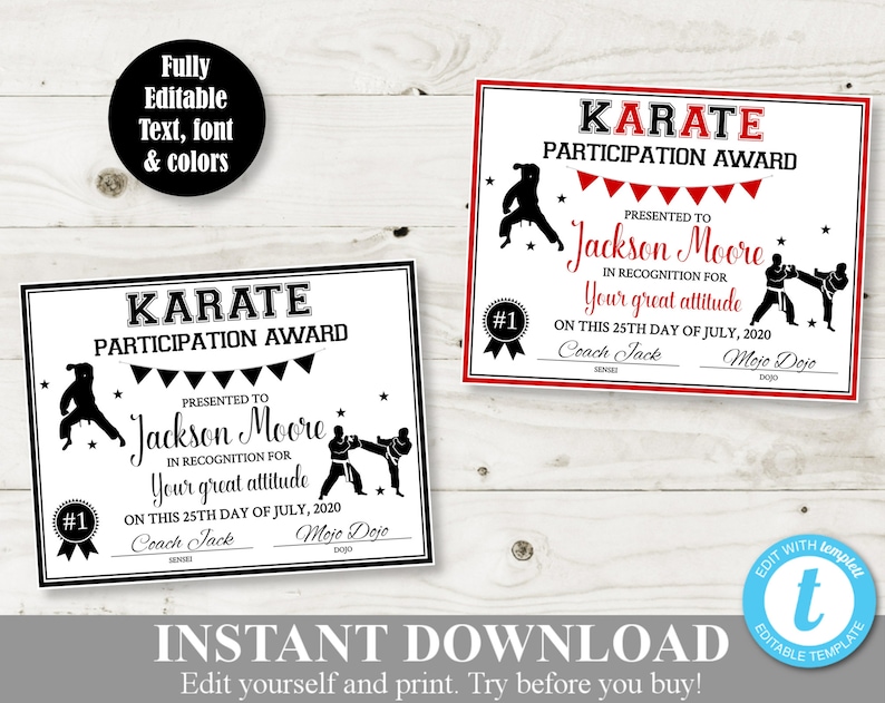 INSTANT DOWNLOAD Printable Karate 8.5x11 Certificate / Award / - Etsy