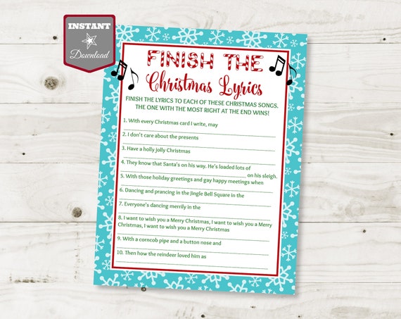 INSTANT DOWNLOAD Printable 8.5"x11" Finish Christmas Song Lyrics Party ...