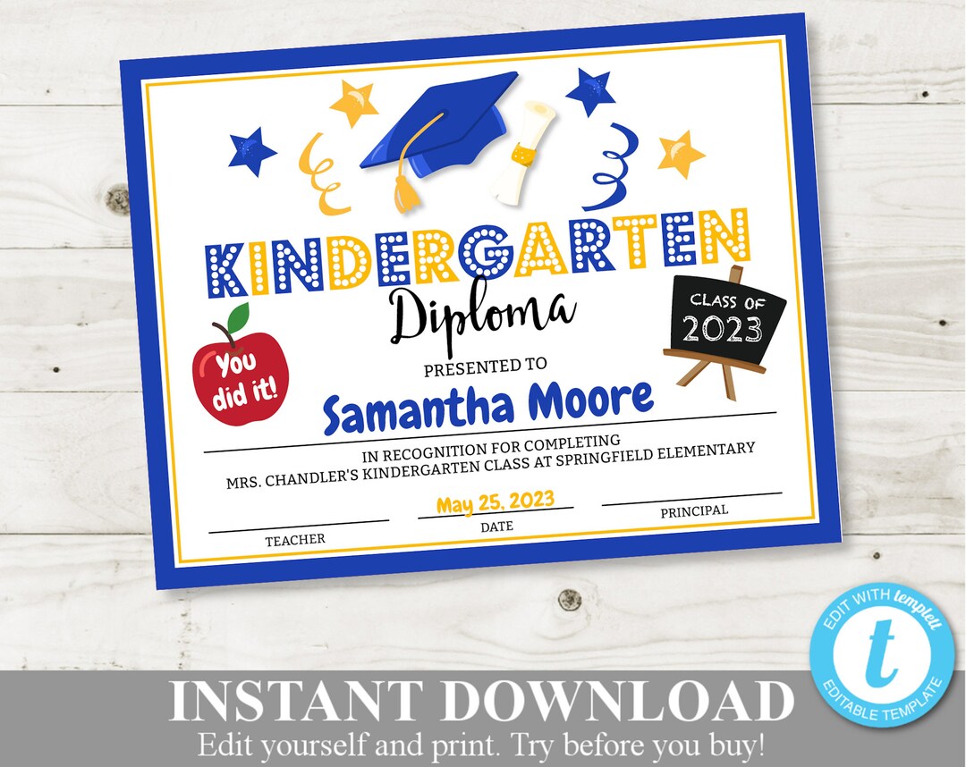 INSTANT DOWNLOAD Printable Kindergarten Graduation Blue Yellow - Etsy