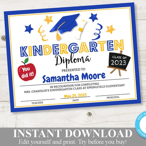 Editable Diploma Kindergarten Graduation Preschool - Etsy