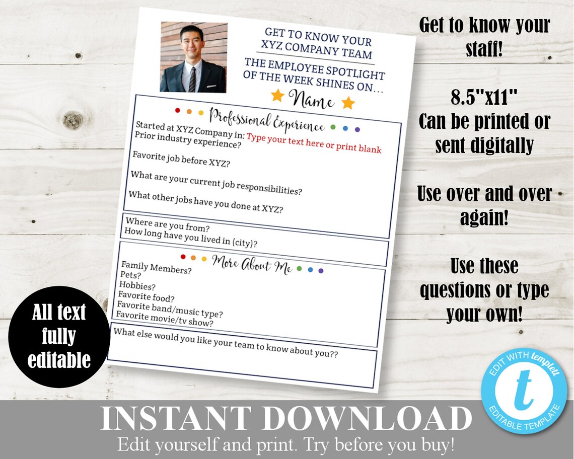 INSTANT DOWNLOAD Employee Spotlight Questionnaire / All About - Etsy