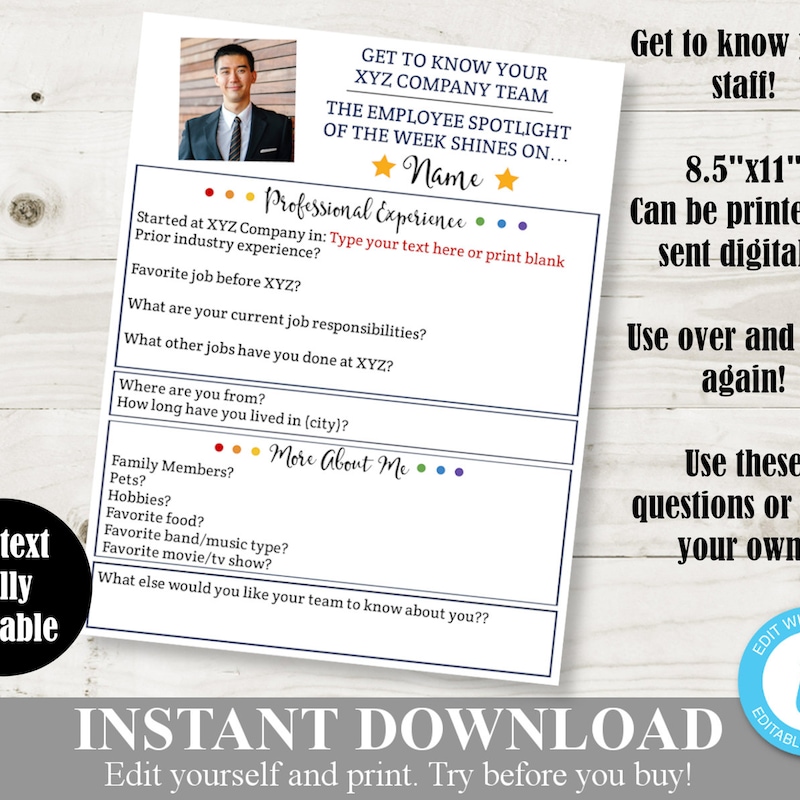 All About Me Employee Editable - Etsy