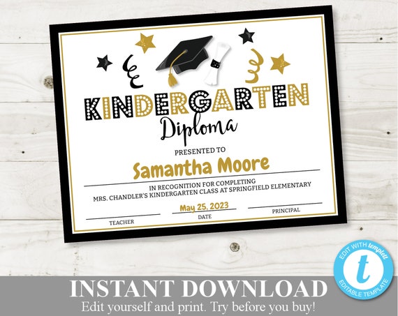 INSTANT DOWNLOAD Printable Kindergarten Graduation Black & Gold Diploma ...
