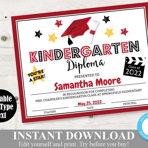 Printable Kindergarten Diploma Editable School Diploma - Etsy