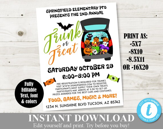 INSTANT DOWNLOAD Printable Trunk or Treat Halloween Flyer / Fully ...