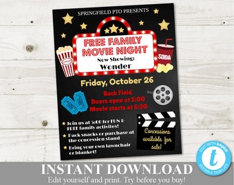 Editable Family Movie Night Flyer, Instant Download, PTA / PTO, School ...