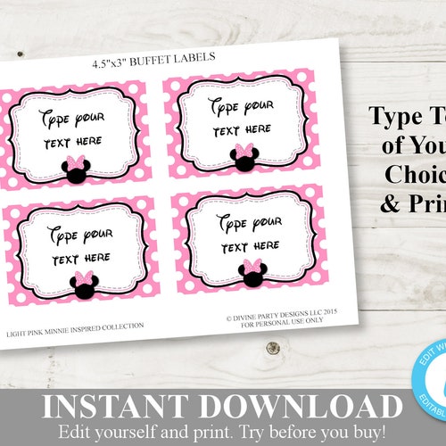 Pink Minnie Mouse Food Labels INSTANT DOWNLOAD Bright Pink - Etsy