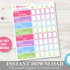 INSTANT DOWNLOAD Printable Weekly School Schedule / Editable - You Type ...
