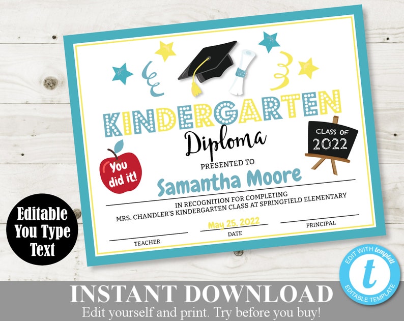INSTANT DOWNLOAD Printable Kindergarten Graduation Diploma / - Etsy