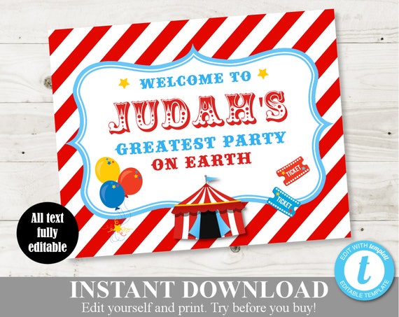 INSTANT DOWNLOAD Circus Carnival Editable 8x10 or 16x20 Welcome Sign ...