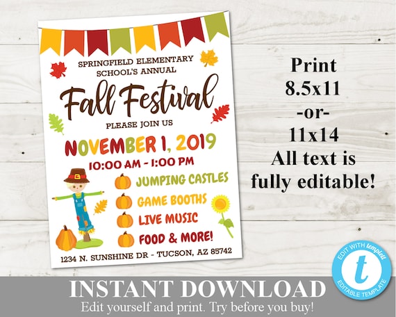 INSTANT DOWNLOAD Printable PTO School Fall Festival 8.5x11 or 11x14 ...