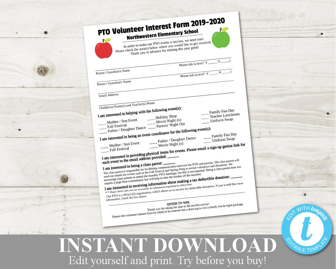 INSTANT DOWNLOAD Printable PTO or Pta Volunteer Interest Form 8.5"x11 ...