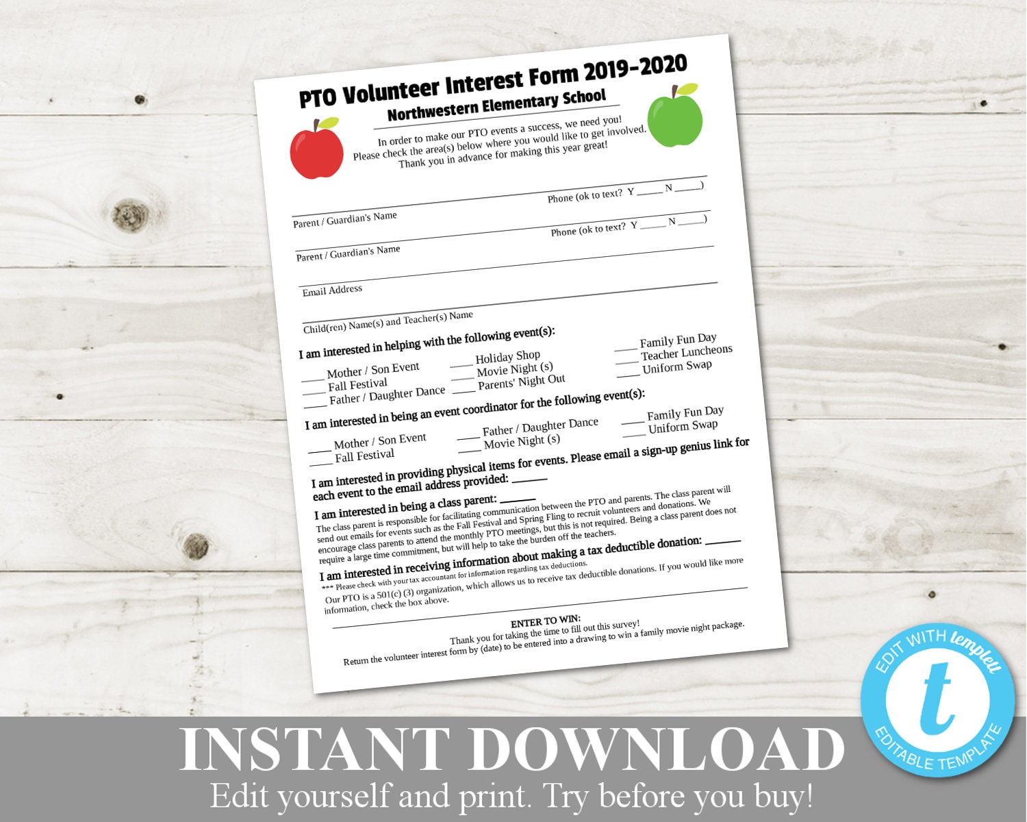 INSTANT DOWNLOAD Printable PTO or Pta Volunteer Interest Form 8.5"x11 ...