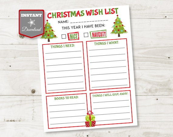 INSTANT DOWNLOAD Printable Christmas Wish List for Kids / - Etsy