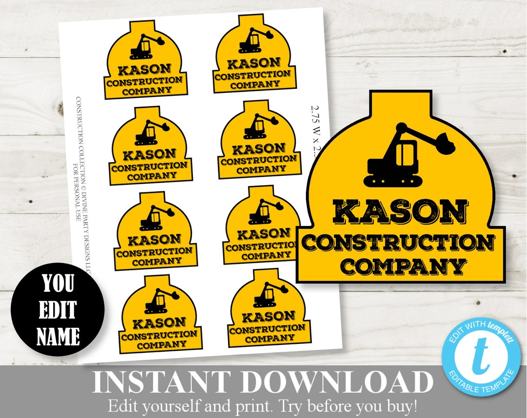 INSTANT DOWNLOAD Printable Construction Hard Hat Stickers / Favor Tags ...