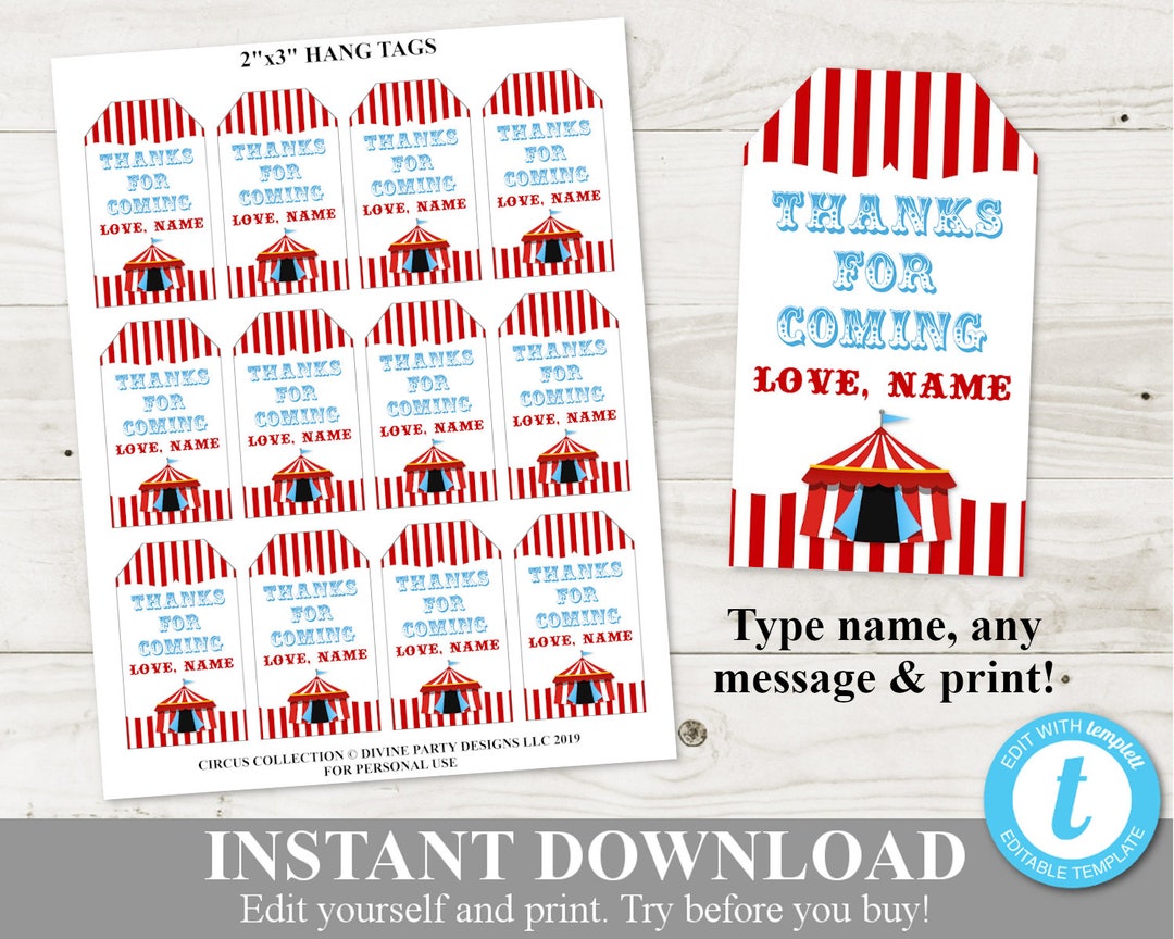 INSTANT DOWNLOAD Circus & Carnival 2"x3" Thank You Tags / Editable ...