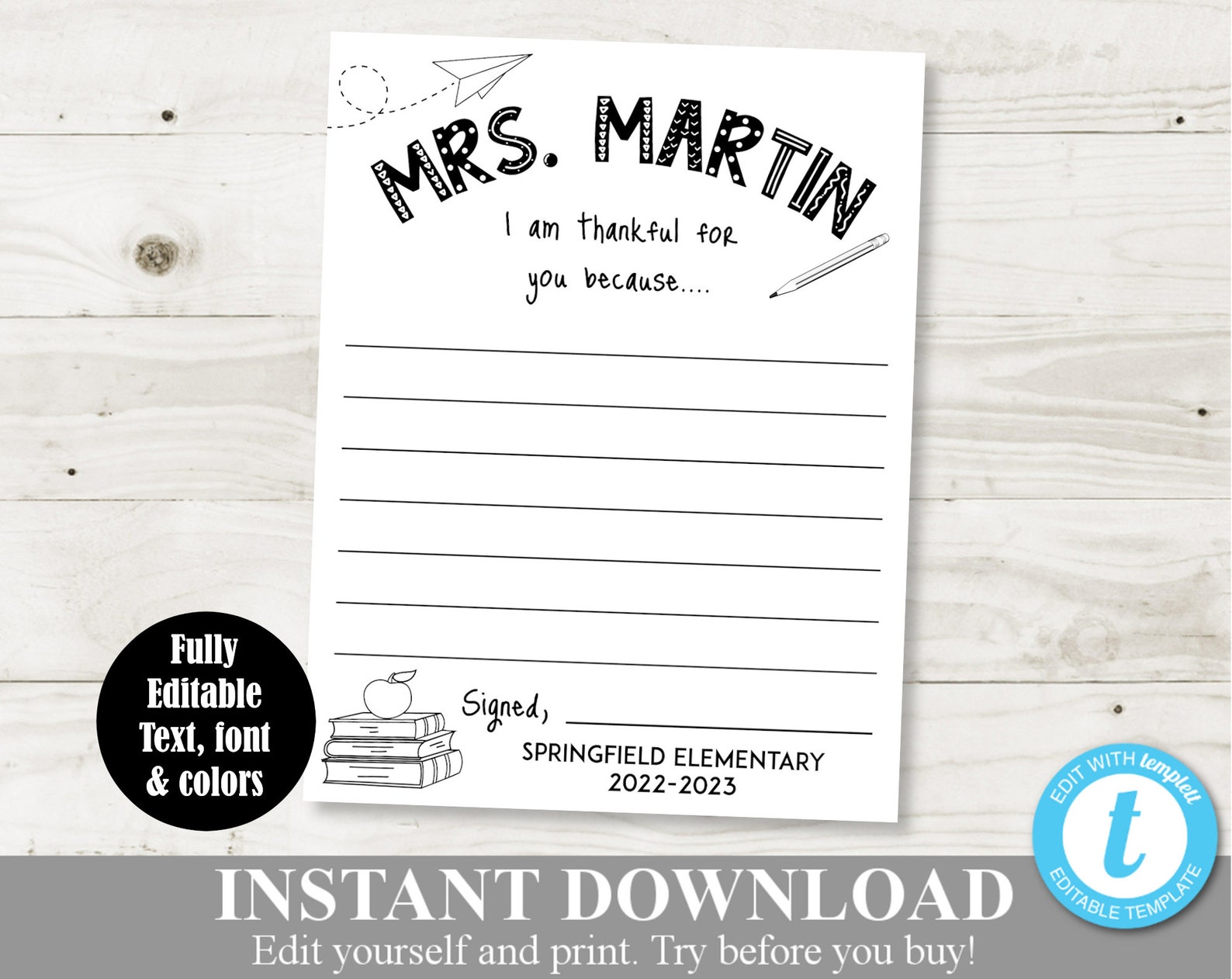 INSTANT DOWNLOAD Editable Teacher Thank You Letter / Coloring Page ...