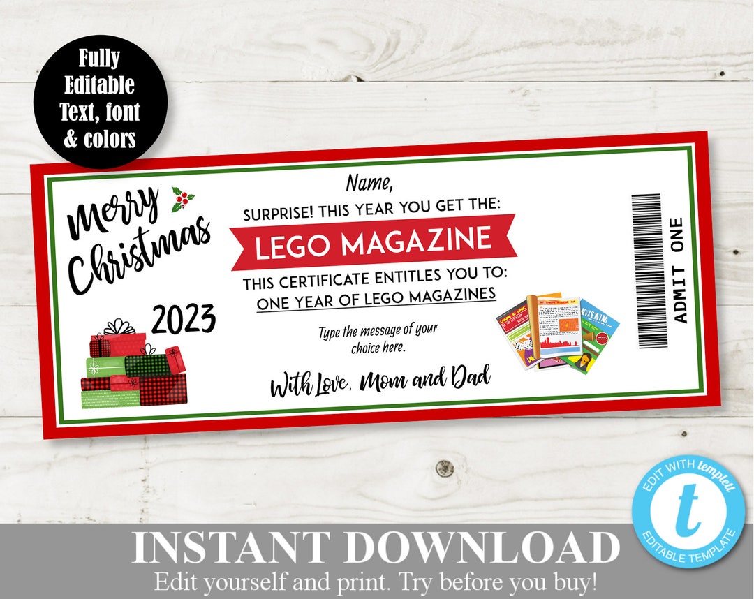 INSTANT DOWNLOAD Editable 8x3.25 Printable Magazine Subscription Ticket ...