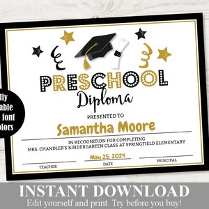 INSTANT DOWNLOAD Printable Preschool Graduation Black & Gold Diploma ...