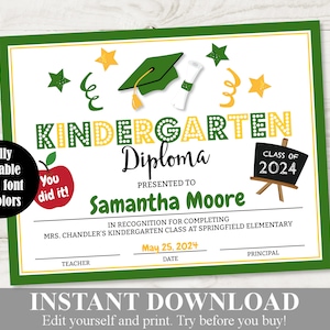 INSTANT DOWNLOAD Printable Kindergarten Graduation Green Yellow Diploma ...