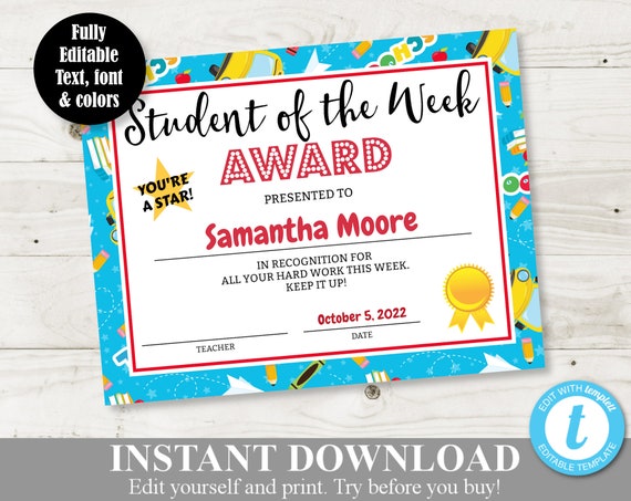 INSTANT DOWNLOAD Printable 8.5x11 Student of the Week Classroom Awards ...