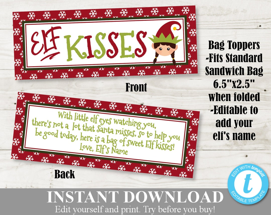 INSTANT DOWNLOAD Printable Christmas Girl Elf Kisses Bag Toppers ...