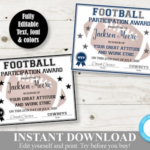INSTANT DOWNLOAD Printable Football 8.5x11 Certificate / Award / Sport ...