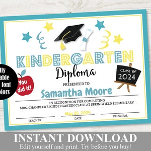 INSTANT DOWNLOAD Printable Kindergarten Graduation Teal Yellow Diploma ...