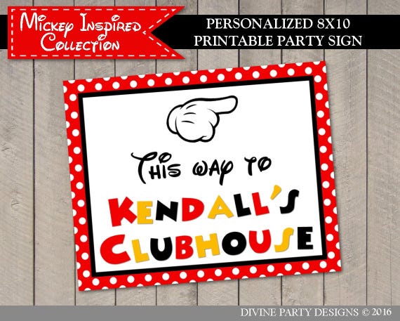 PERSONALIZED Printable Classic Mouse 8x10 This Way to Clubhouse Sign ...