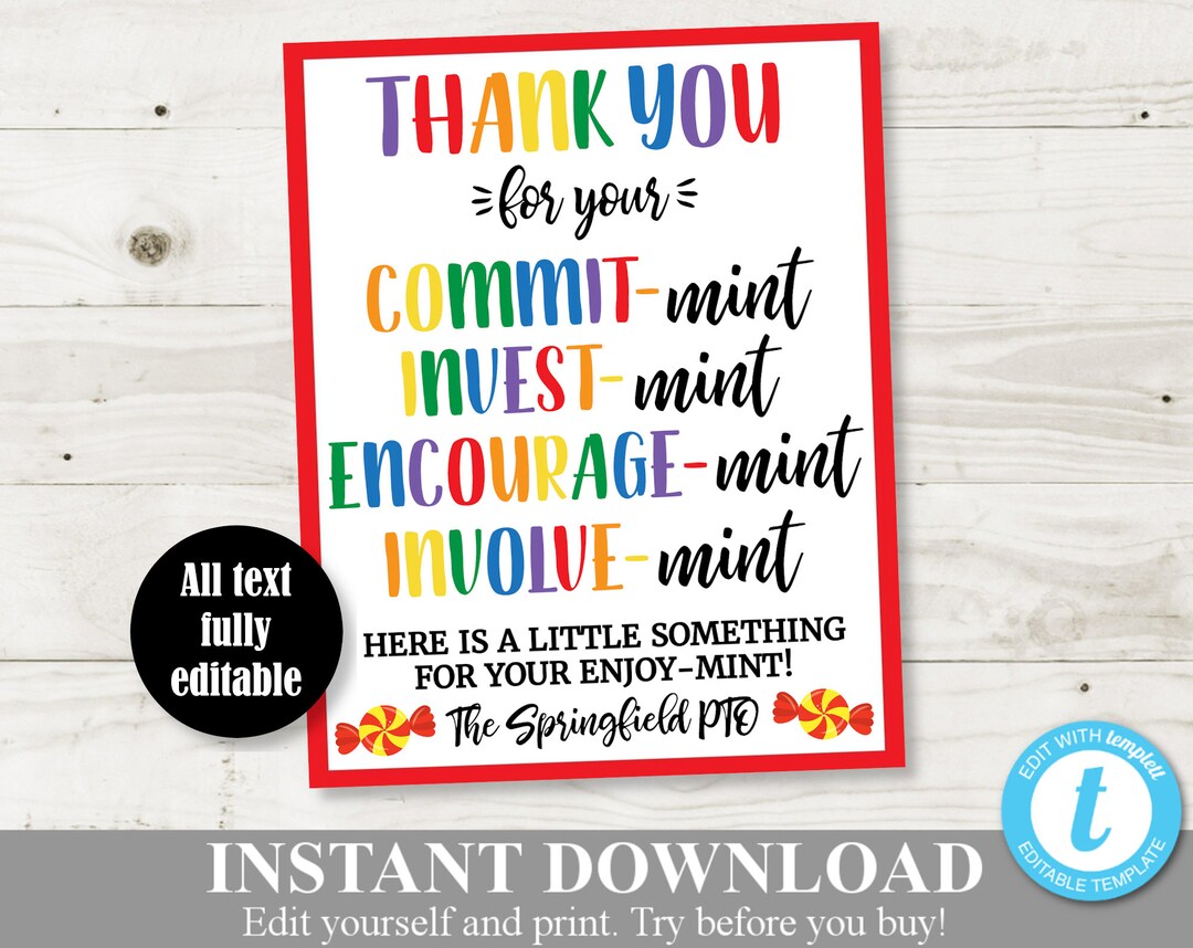 INSTANT DOWNLOAD Editable 8x10 Mint Sign / Teacher Appreciation / PTO ...