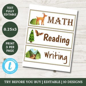 INSTANT DOWNLOAD Editable School Camping Woodland Themed Subject Tags ...