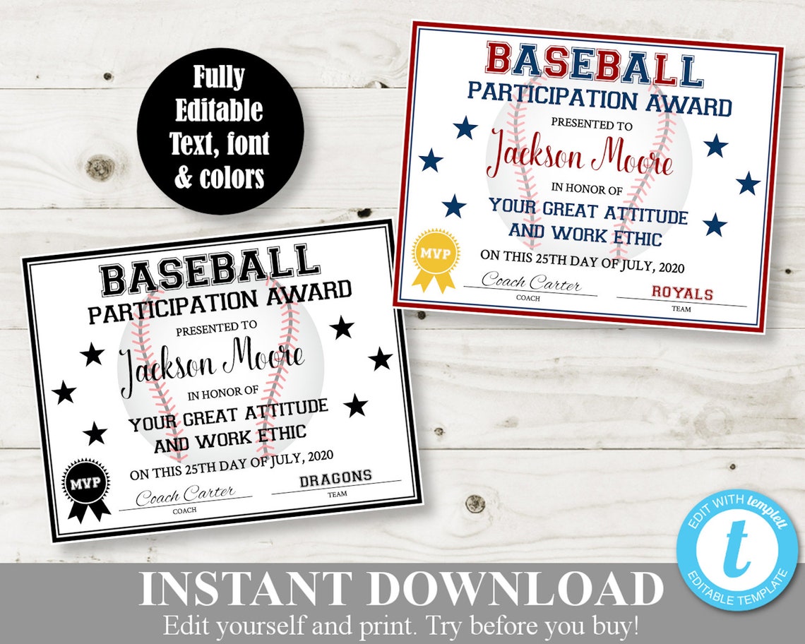 INSTANT DOWNLOAD Printable Baseball 8.5x11 Certificate / Award - Etsy