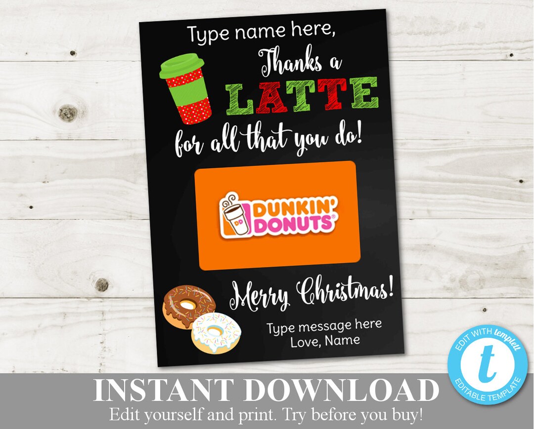INSTANT DOWNLOAD Printable Christmas 5x7 Thanks a Latte Coffee & Donuts ...