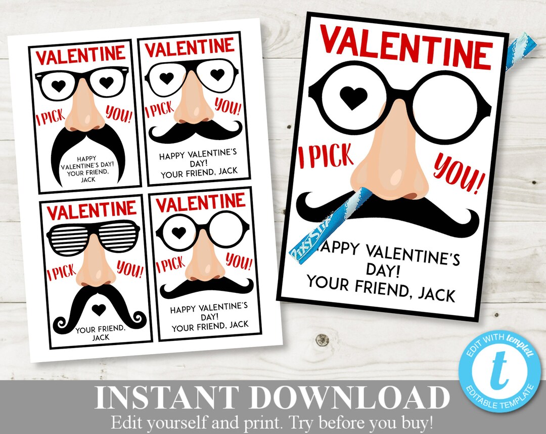 INSTANT DOWNLOAD Mustache Valentine's Day Printable Cards / Editable ...