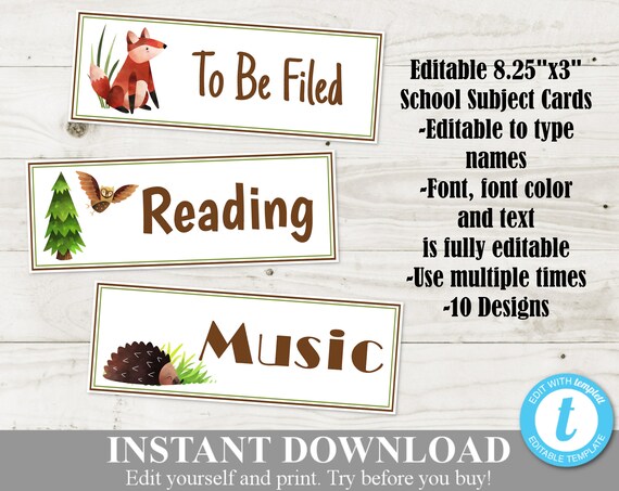 INSTANT DOWNLOAD Editable School Camping Woodland Themed Subject Tags ...